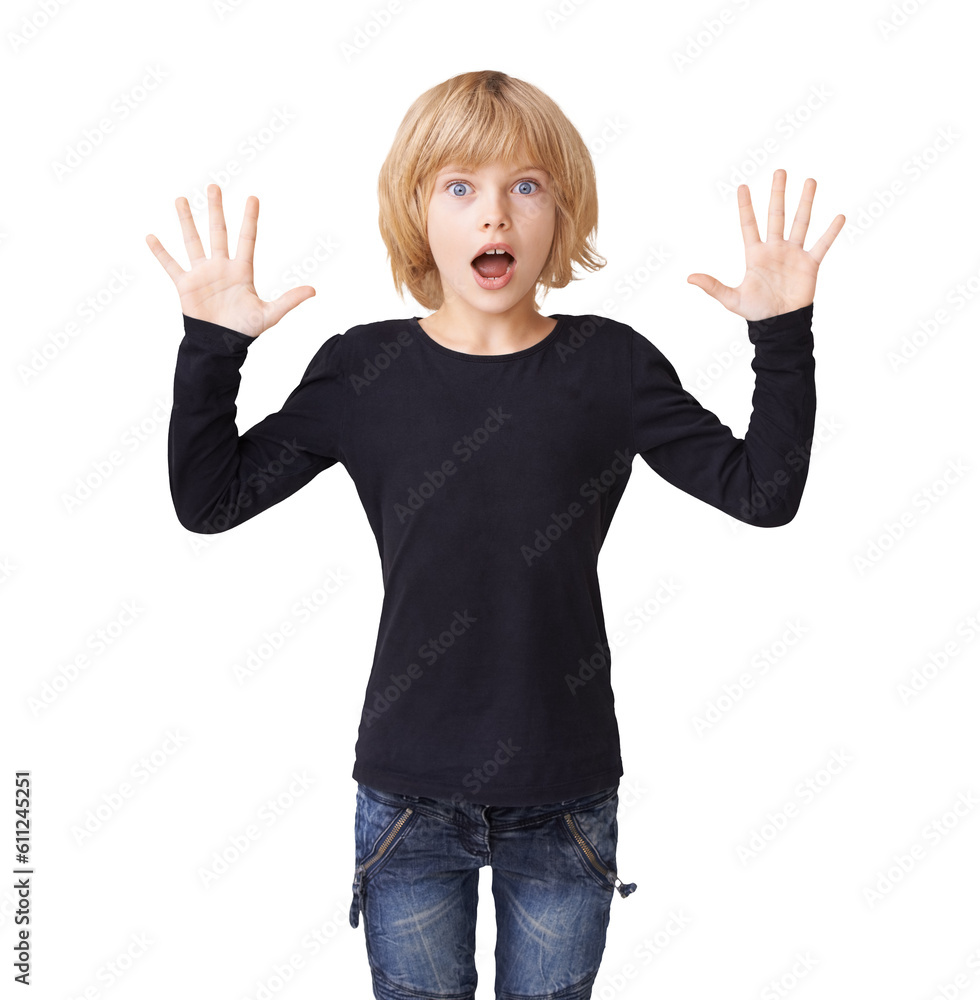 Little girl, shocked and portrait with hands up in surprise or freeze ...