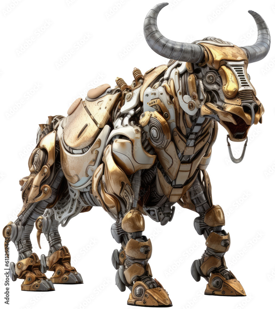 robot steampunk buffalo as mechanical cyber animal isolated on a ...