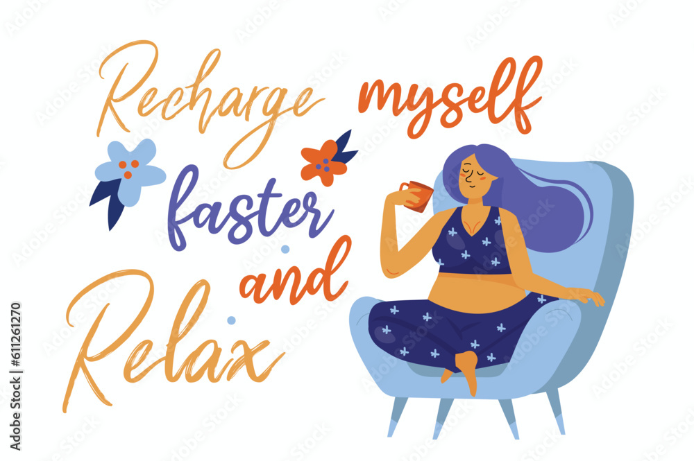 Chilling at home concept with woman scene in the flat cartoon style ...