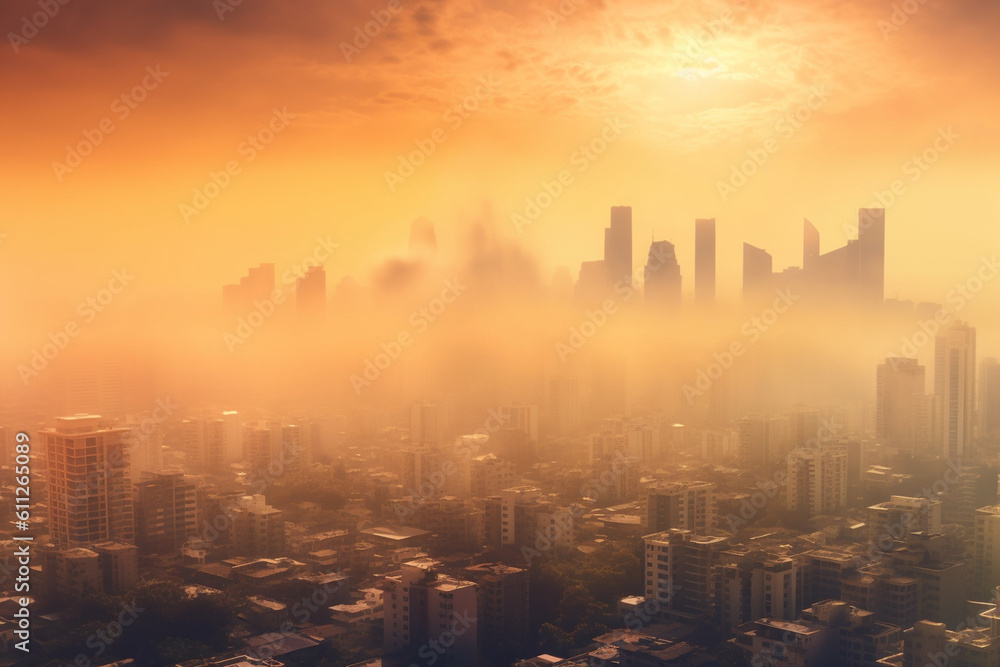 Smog-filled city skyline, Climate change and environmental degradation, climate change ...