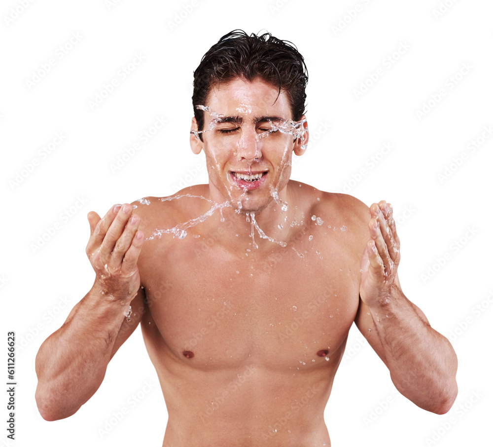 Water, washing face and skincare with a man isolated on transparent ...