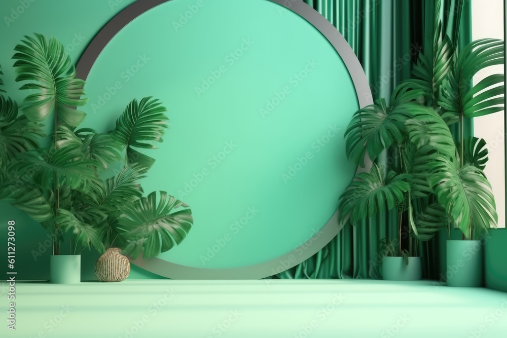 minimal green color studio background with tropical plants for product ...