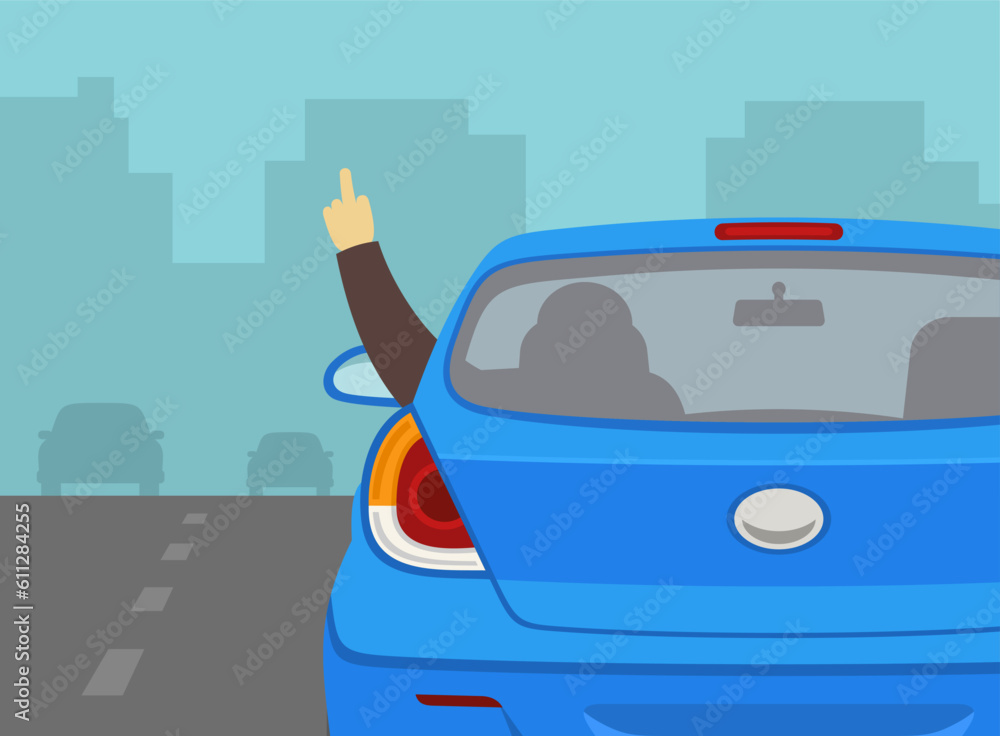 Close-up back view of a rude driver giving middle finger. Road rage ...