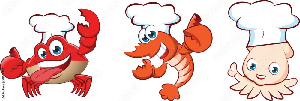 Cute cartoon seafood chef in white cook hat. Suitable for children's ...