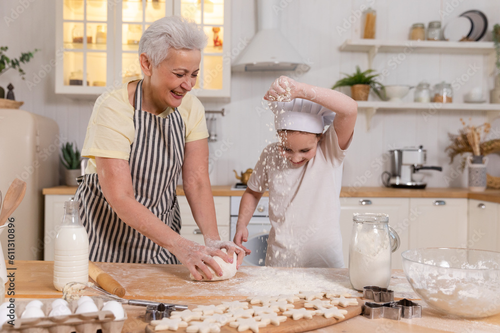 Happy family in kitchen. Grandmother and granddaughter child cook in ...