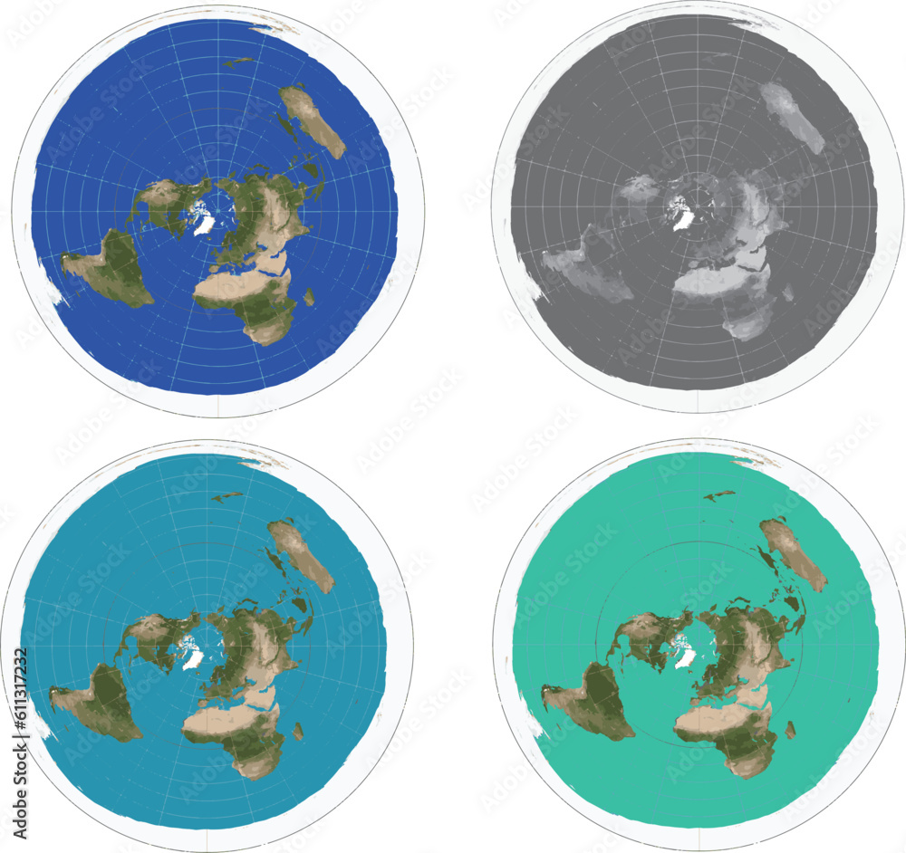 Flat earth concept illustration. Ancient cosmology model and modern pseudoscientific conspiracy ...