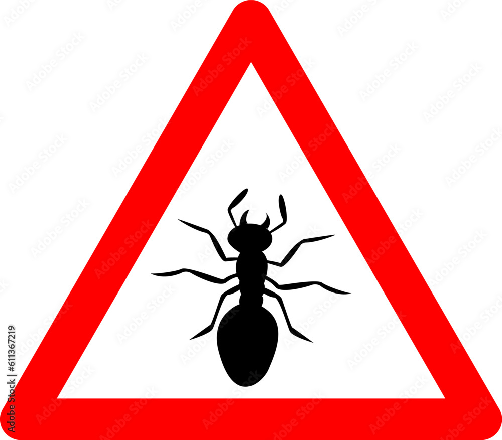 Insect sign. Ants warning sign. Red triangle sign with an ant ...