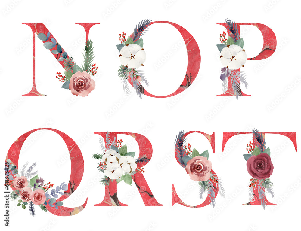 Watercolor christmas floral alphabet for invitations, greeting card ...