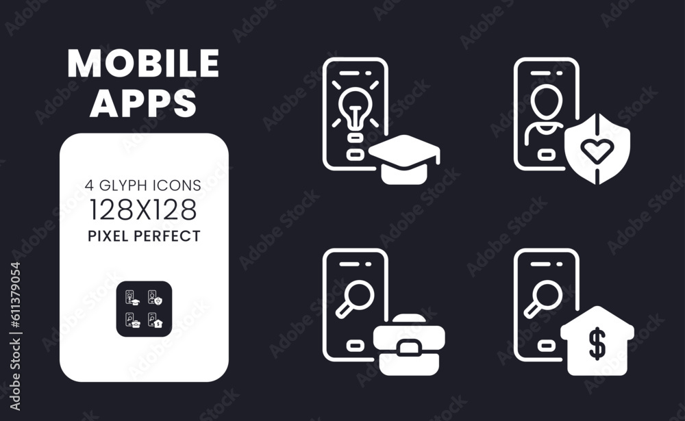 Mobile apps white solid desktop icons set. Cross platform. Online ...