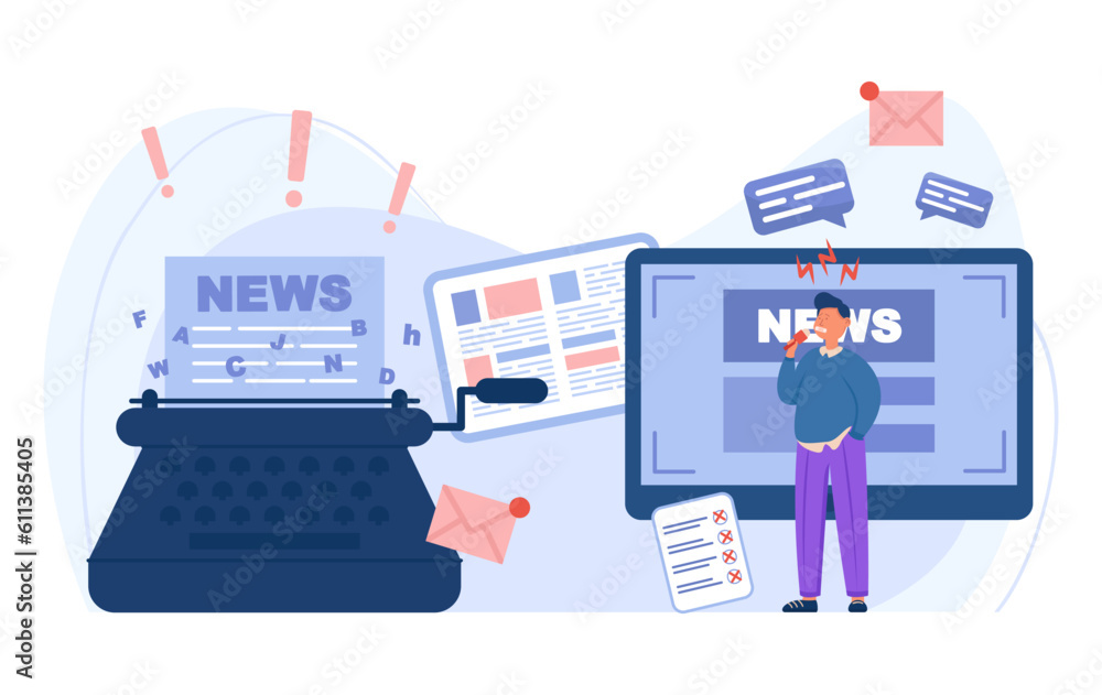 Tiny reporter with covered mouth vector illustration. Cartoon drawing ...