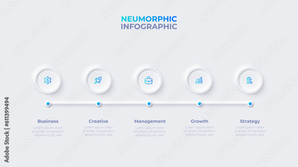 Thin horizontal line with five circles. Concept of 5 steps of business processes. Light ...