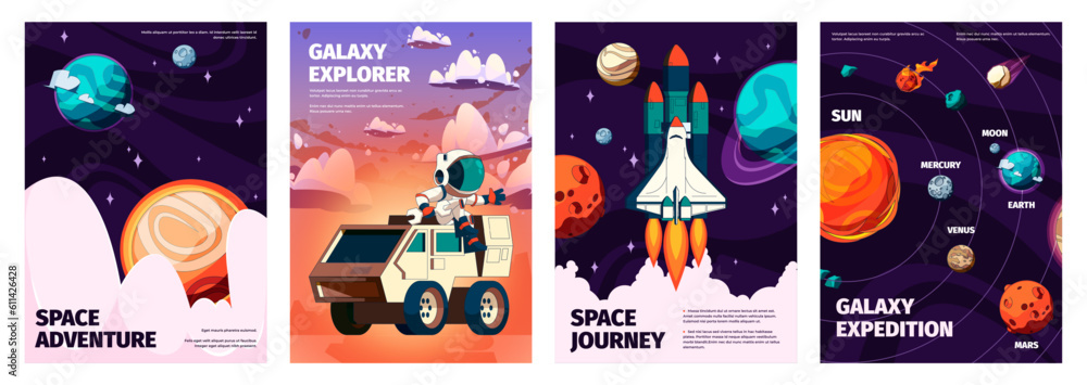 Cartoon space posters. Colorful space exploration and cosmic flight ...