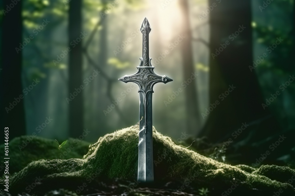 Medieval sword stuck in stone, fantasy and history concept. Generative ...