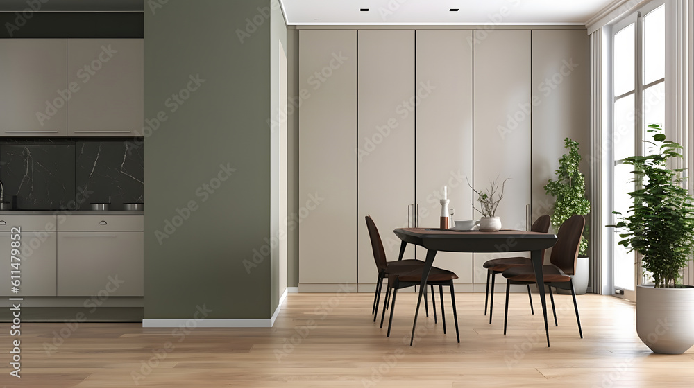 Blank sage green wall partition, white baseboard on parquet floor in ...
