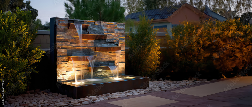 outdoor home modern water feature fountain waterfall as wide banner ...