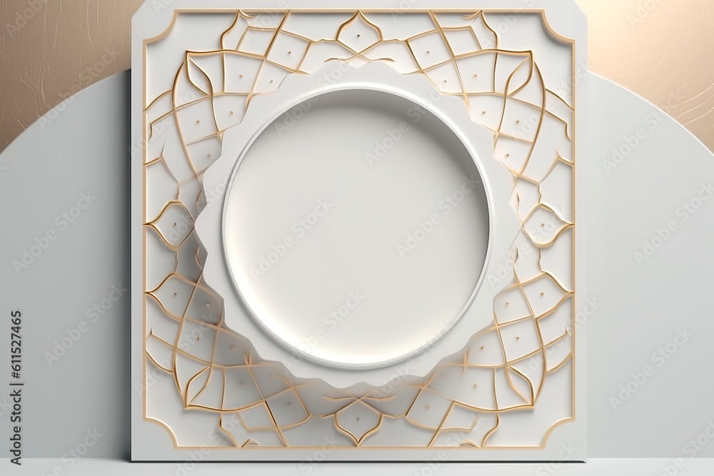 3d white golden arabic empty frame, ornate shape, fancy blank banner ...