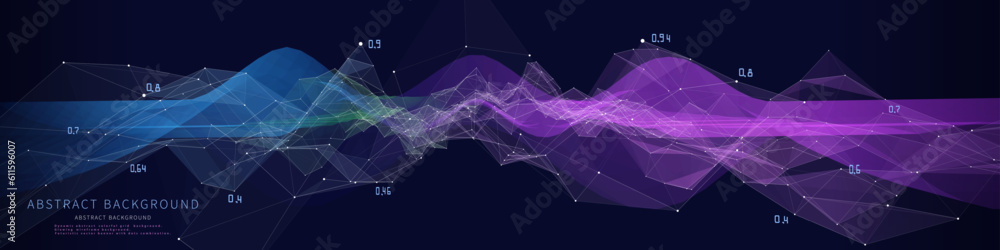 Abstract background wavy poly grid in net dots and lines on dark. Technology wireframe concept ...