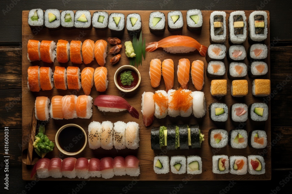 Japanese sushi top view set. Generate Ai Stock Photo | Adobe Stock
