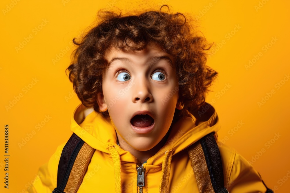 Kid with backpack with surprised face, open mouth on yellow background ...