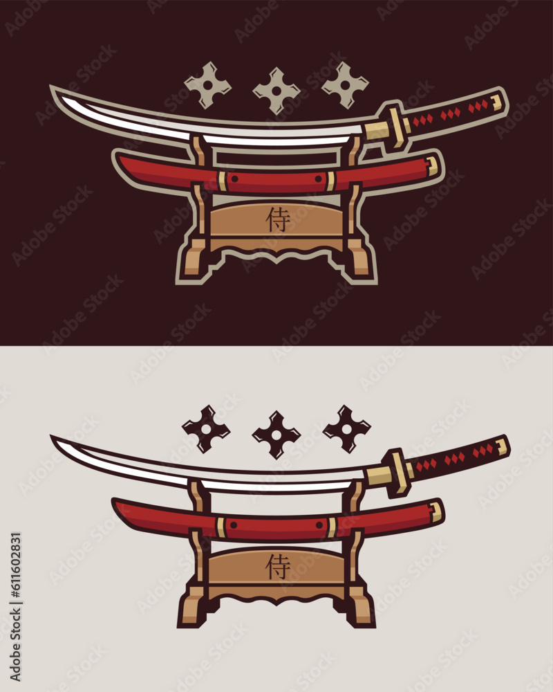 Katana Japanese sword on wood stand vector illustration. Tachi ancient ...
