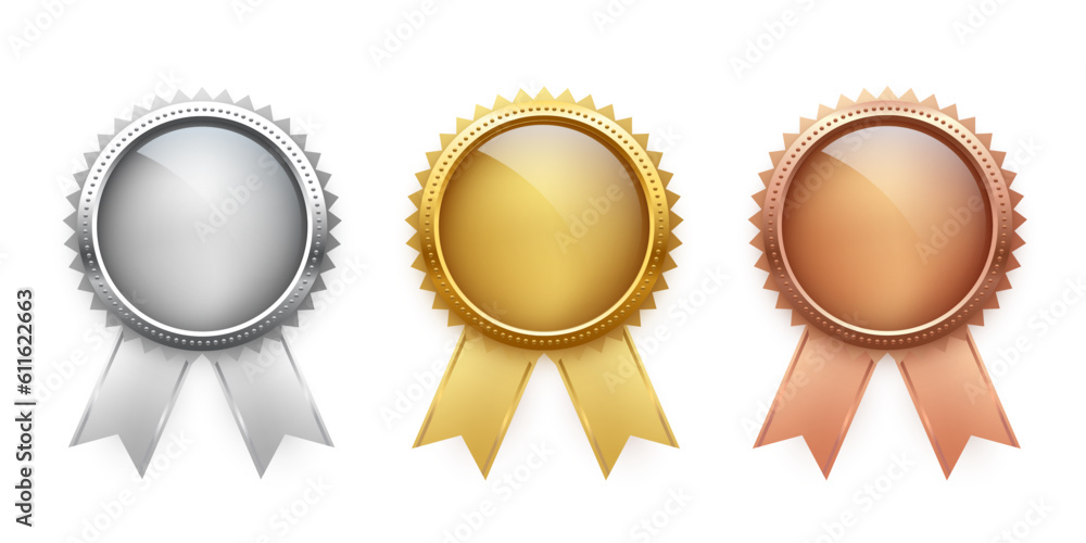 Gold, silver and bronze medals with ribbon set vector illustration ...