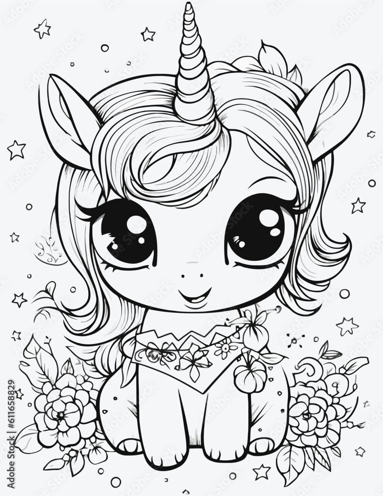 Unicorn coloring page for kids, Cute kawaii unicorn coloring page ...