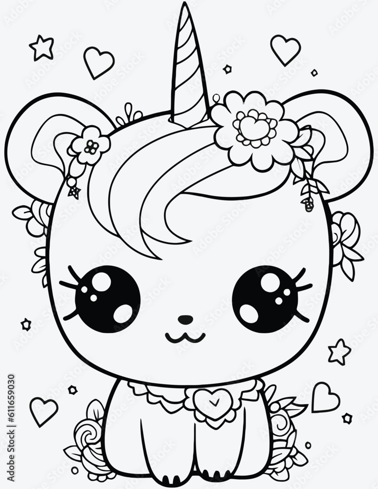 Unicorn coloring page for kids, Cute kawaii unicorn coloring page ...