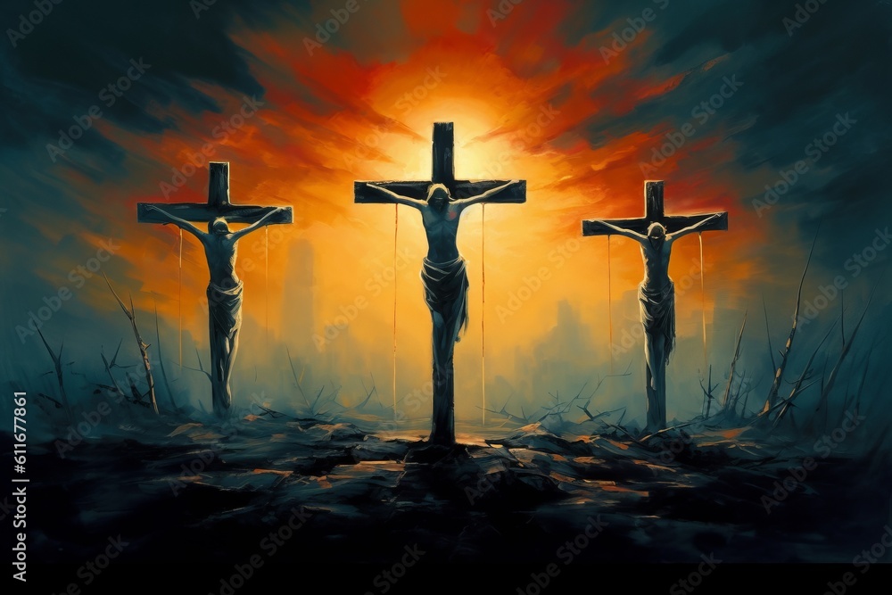 Symbolic Crucifixion: An Oil Painting of Three Crosses on Calvary ...
