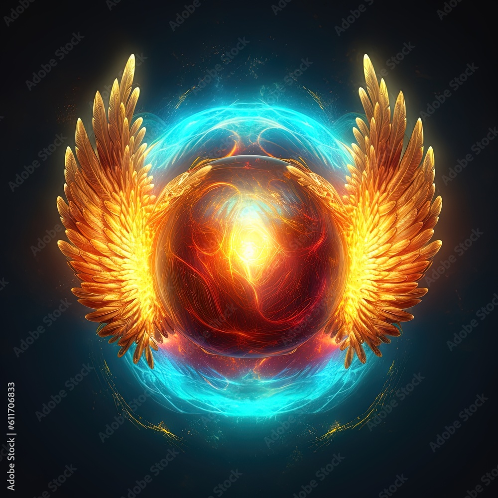 Spiritual orb with wings of love, cosmic magical sphere glowing on dark ...