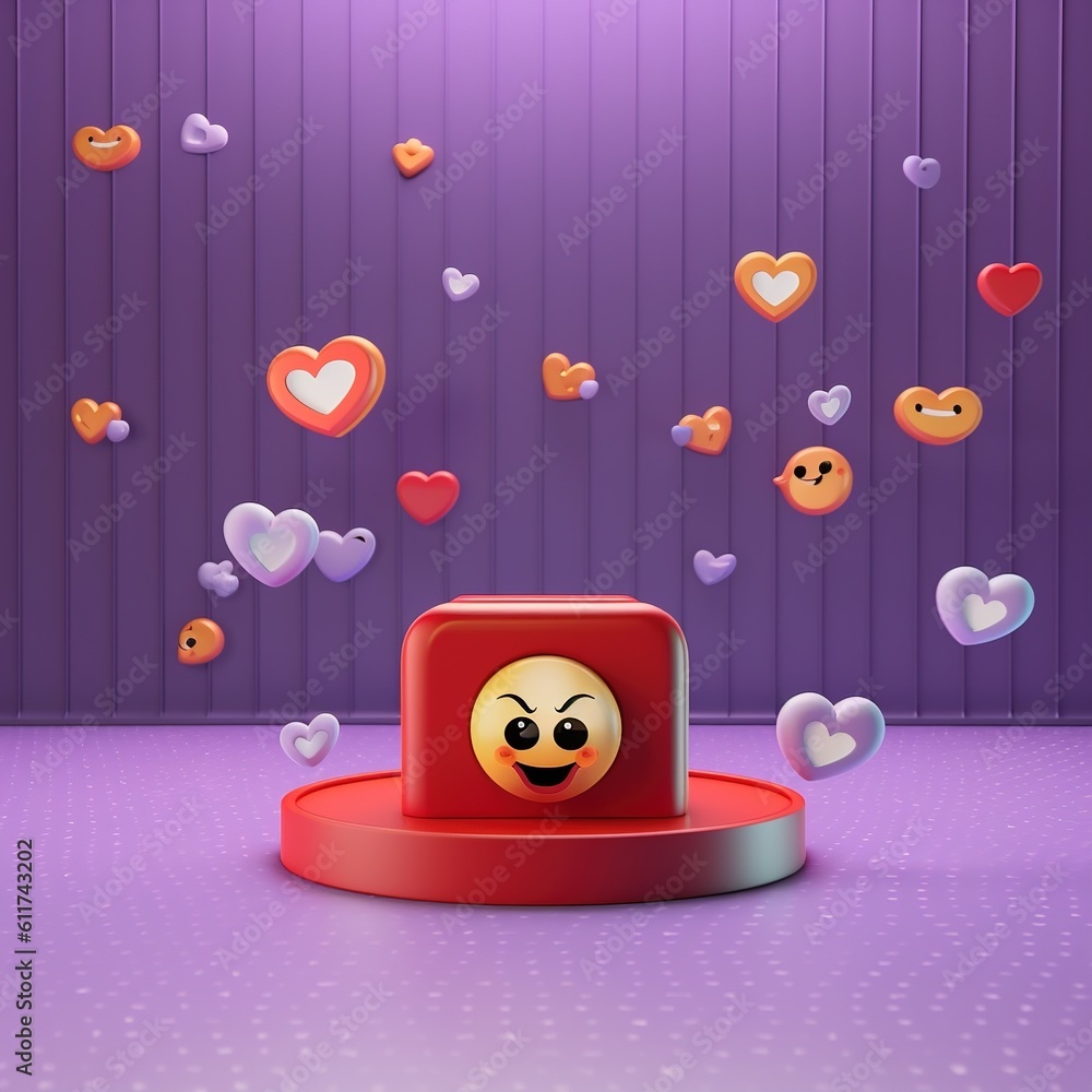 Cartoon emoticon display stand with candles and confetti. Social media ...