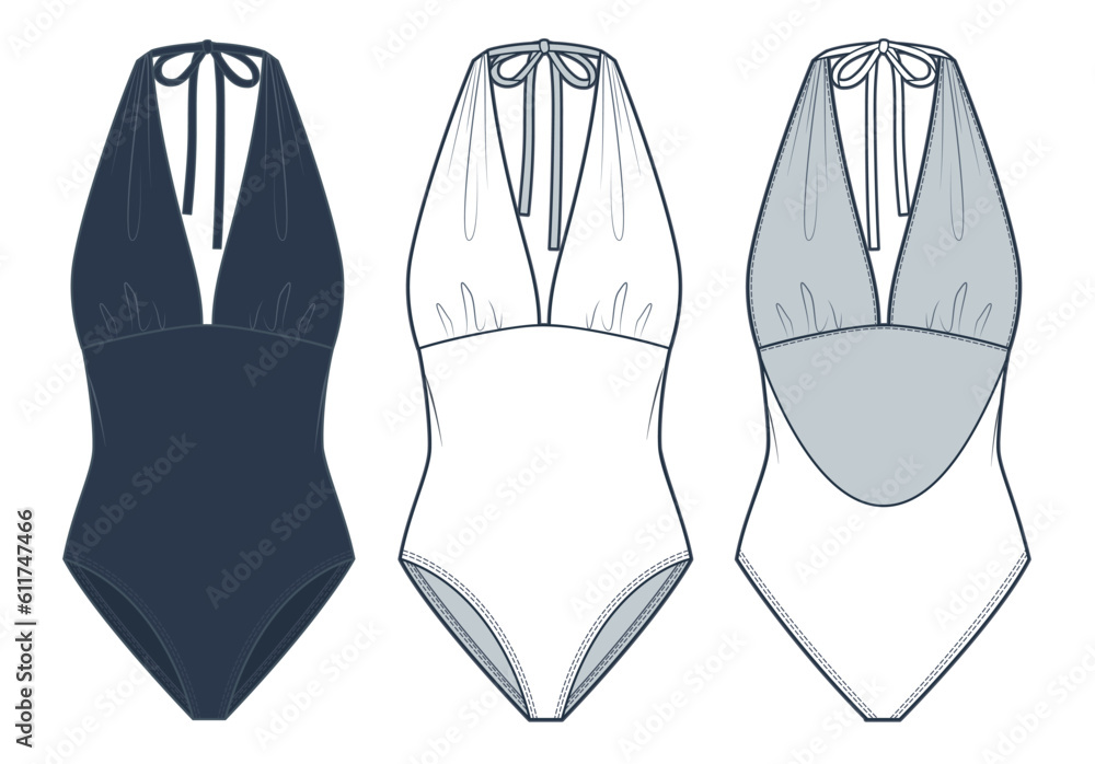 Halter One Piece Swimsuit fashion flat technical drawing template ...