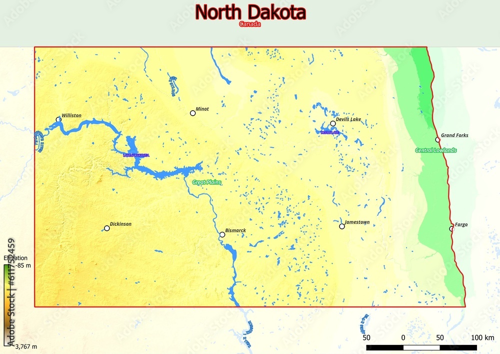 Physical map of North Dakota with mountains, plains, bridges, rivers ...