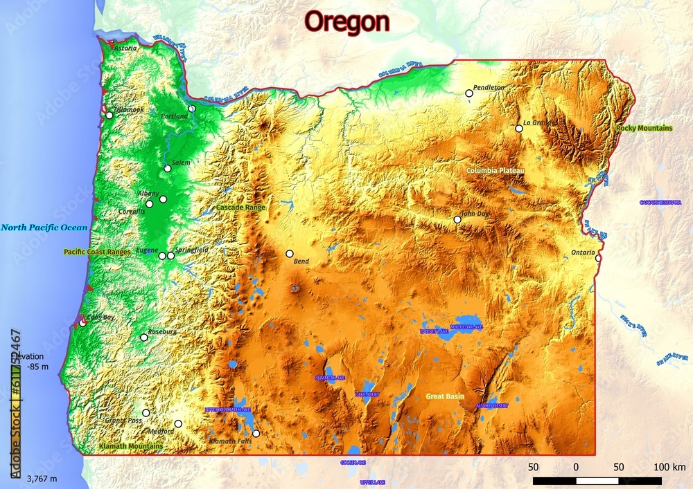 Physical map of Physical map of Oregon with mountains, plains, bridges ...