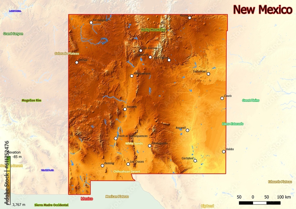 Physical map of New Mexico with mountains, plains, bridges, rivers ...