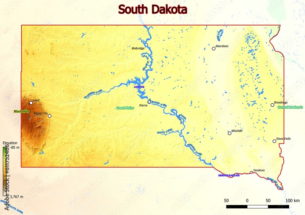 Physical map of South Dakota with mountains, plains, bridges, rivers ...