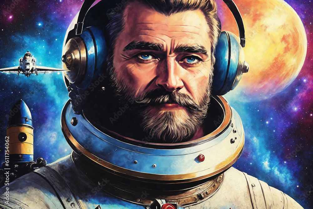 Spaceman on background of stars and universe, space theme in the retro ...