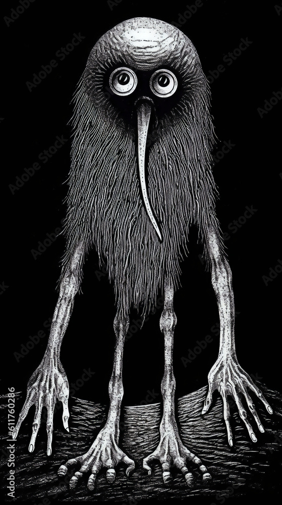 Symbolism surrealism ink drawing hatching, full body portrait including ...