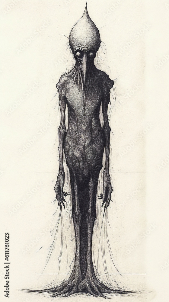 Symbolism surrealism ink drawing hatching, full body portrait including ...