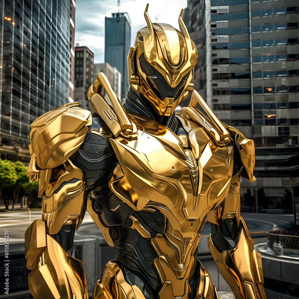 robot cyborg soldier, anime mecha battle suit, robotic gold exosuit ...