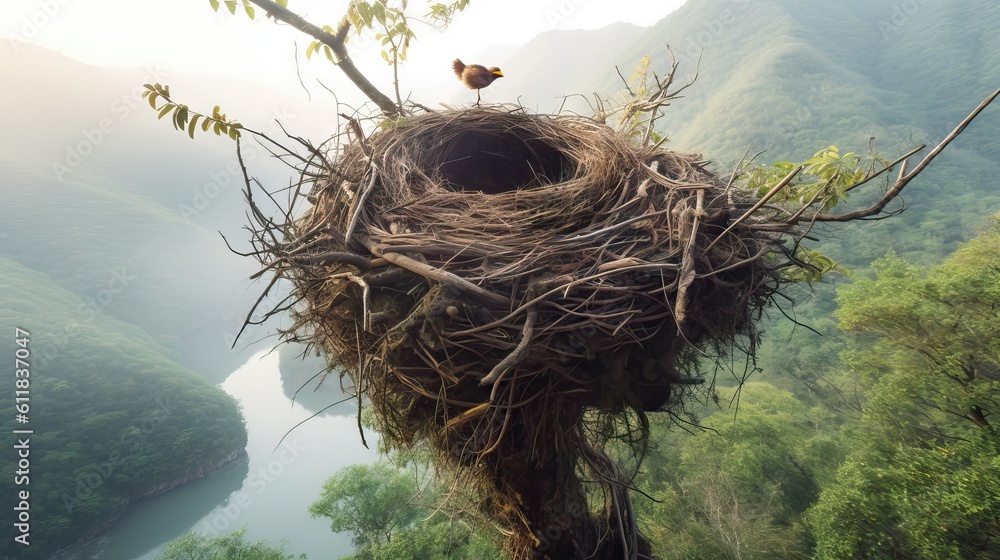 Image of a beautiful bird's nest perched high in a tree. This serene ...