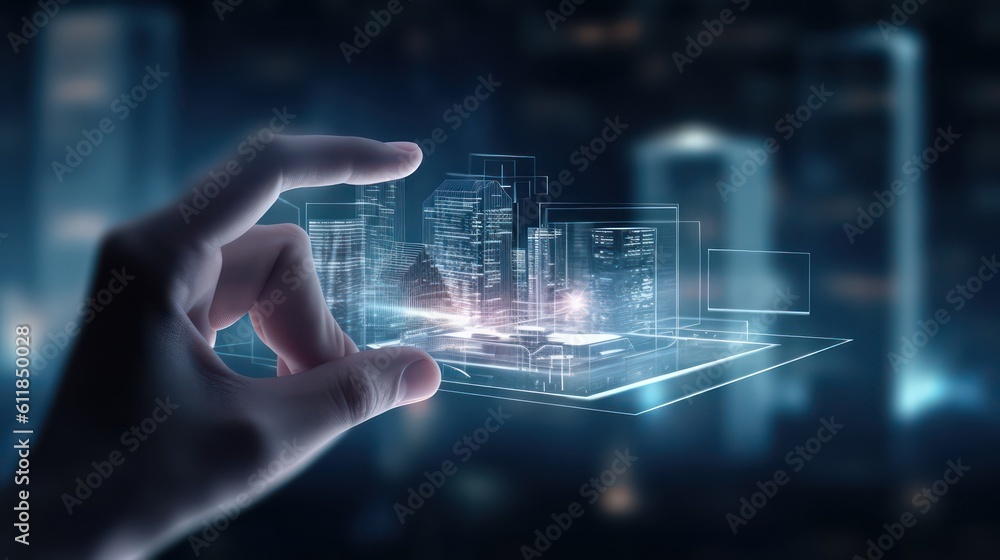 Hand pointing at digital virtual reality modern commercial building ...