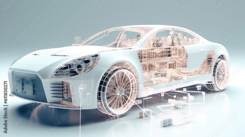 3d AI Generating of a car model in digital color background with wire ...