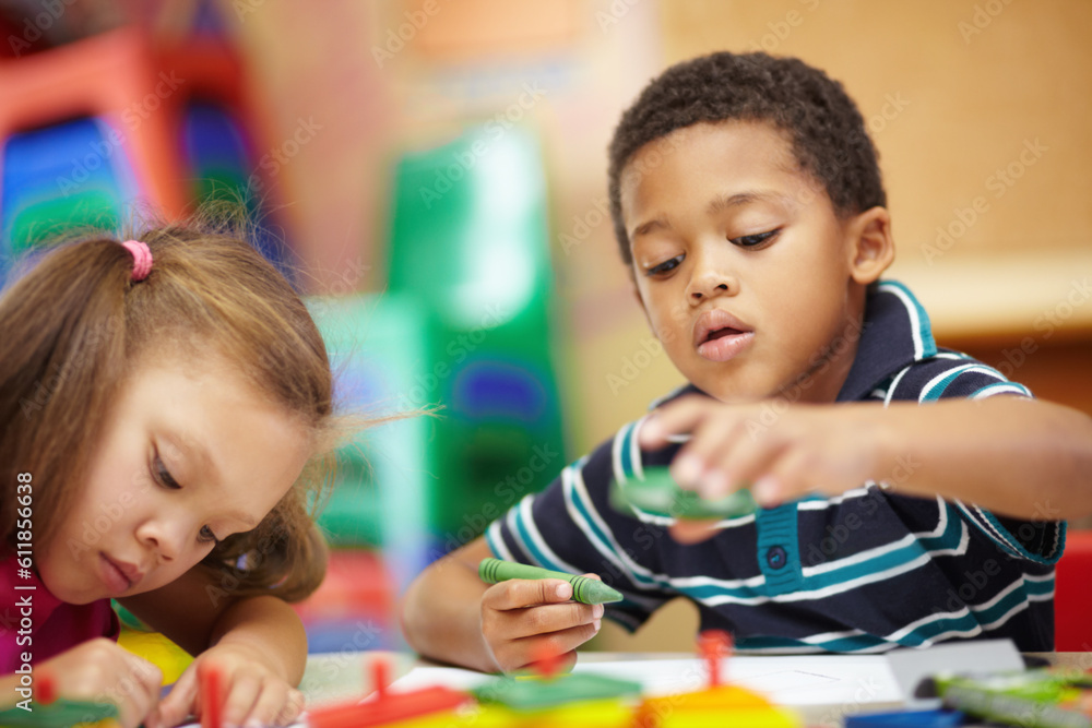 Learning, kindergarten and creative with children at school for ...