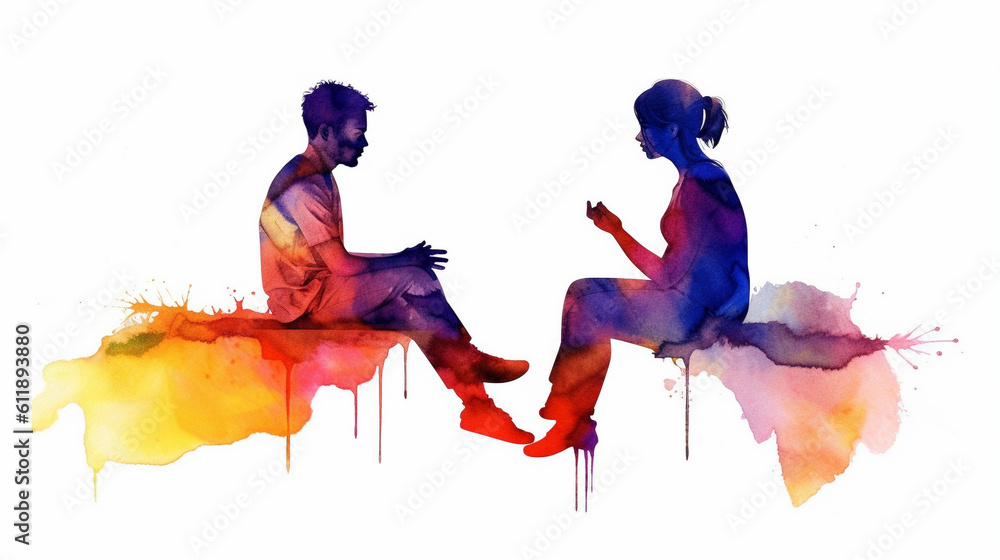 Watercolor Painting of Two People talking, Having a Therapy Session ...