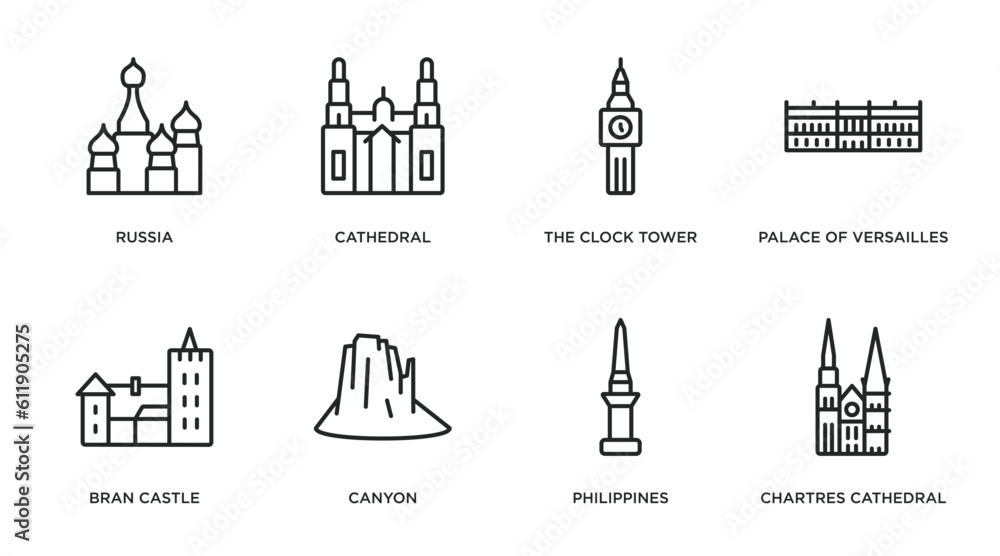 monuments outline icons set. thin line icons such as russia, cathedral ...