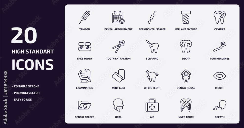 dentist outline icons set. dentist thin line icons pack such as tampon ...