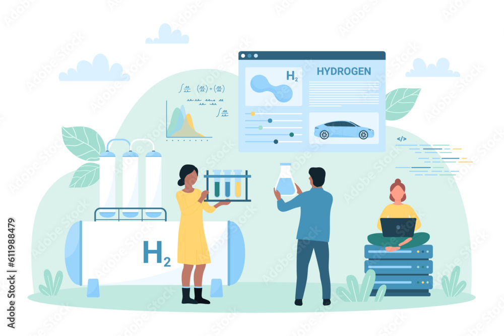 Green hydrogen production and research vector illustration. Cartoon ...