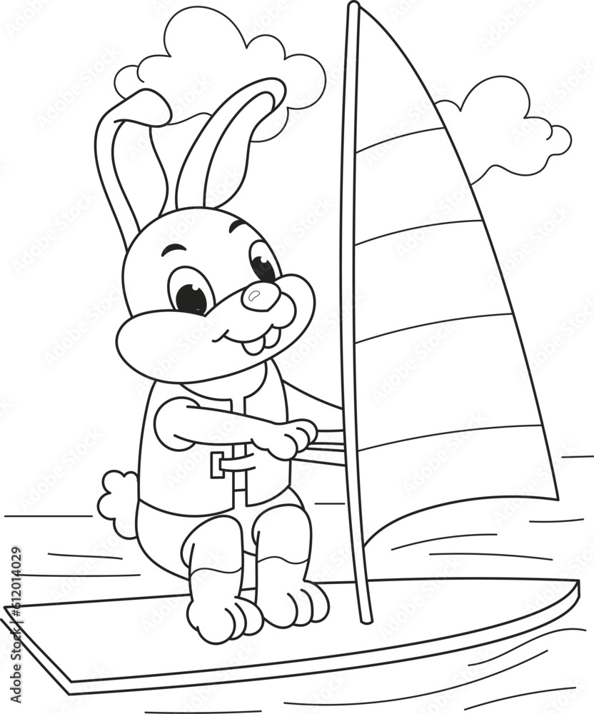 Coloring page outline of cartoon cute little rabbit with sailboard ...