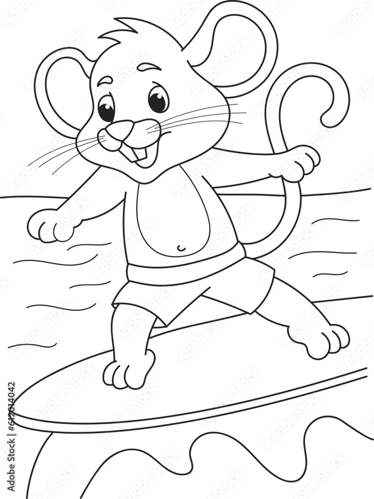 Coloring page outline of cartoon smiling cute mouse surfer. Colorful ...