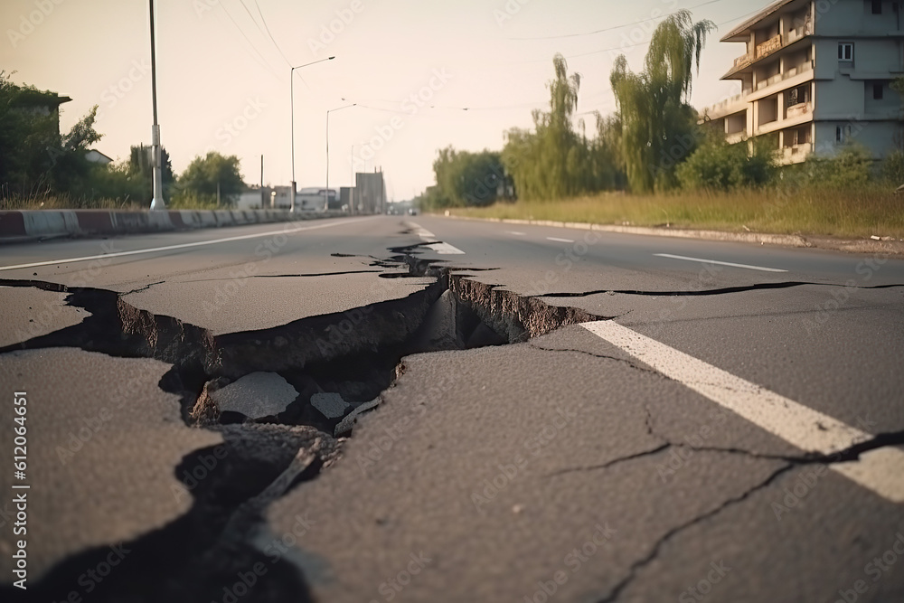 Asphalt road with long crack, earthquake effect causes ground to ...